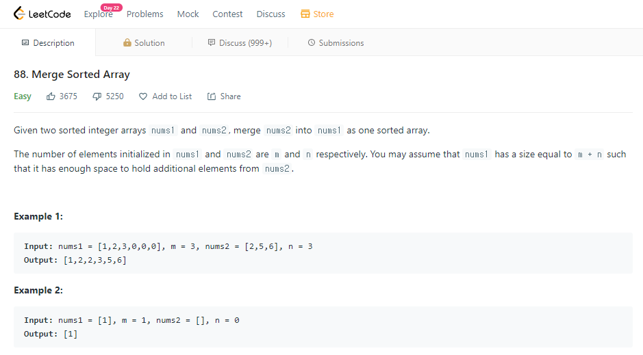  LeetCode Merge Sorted Array JavaScript